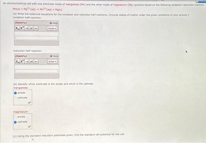 Solved An electrochemical cell with one electrode made of | Chegg.com