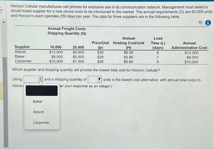 Solved Horizon Cellular manufactures cell phones for | Chegg.com