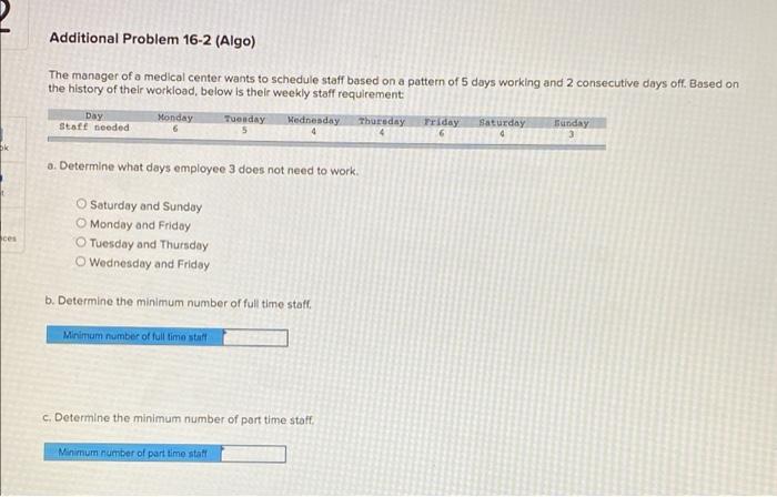 Solved Additional Problem 16-2 (Algo) The manager of a | Chegg.com