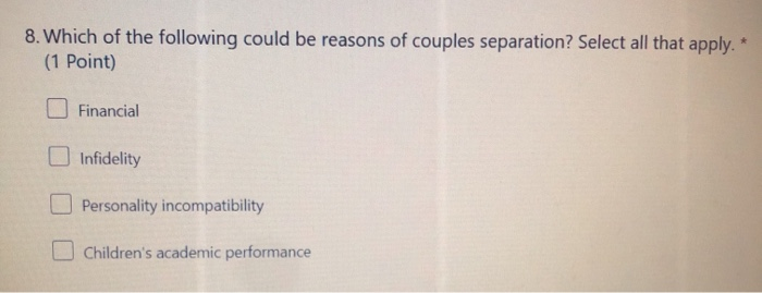 Solved 8. Which of the following could be reasons of couples | Chegg.com