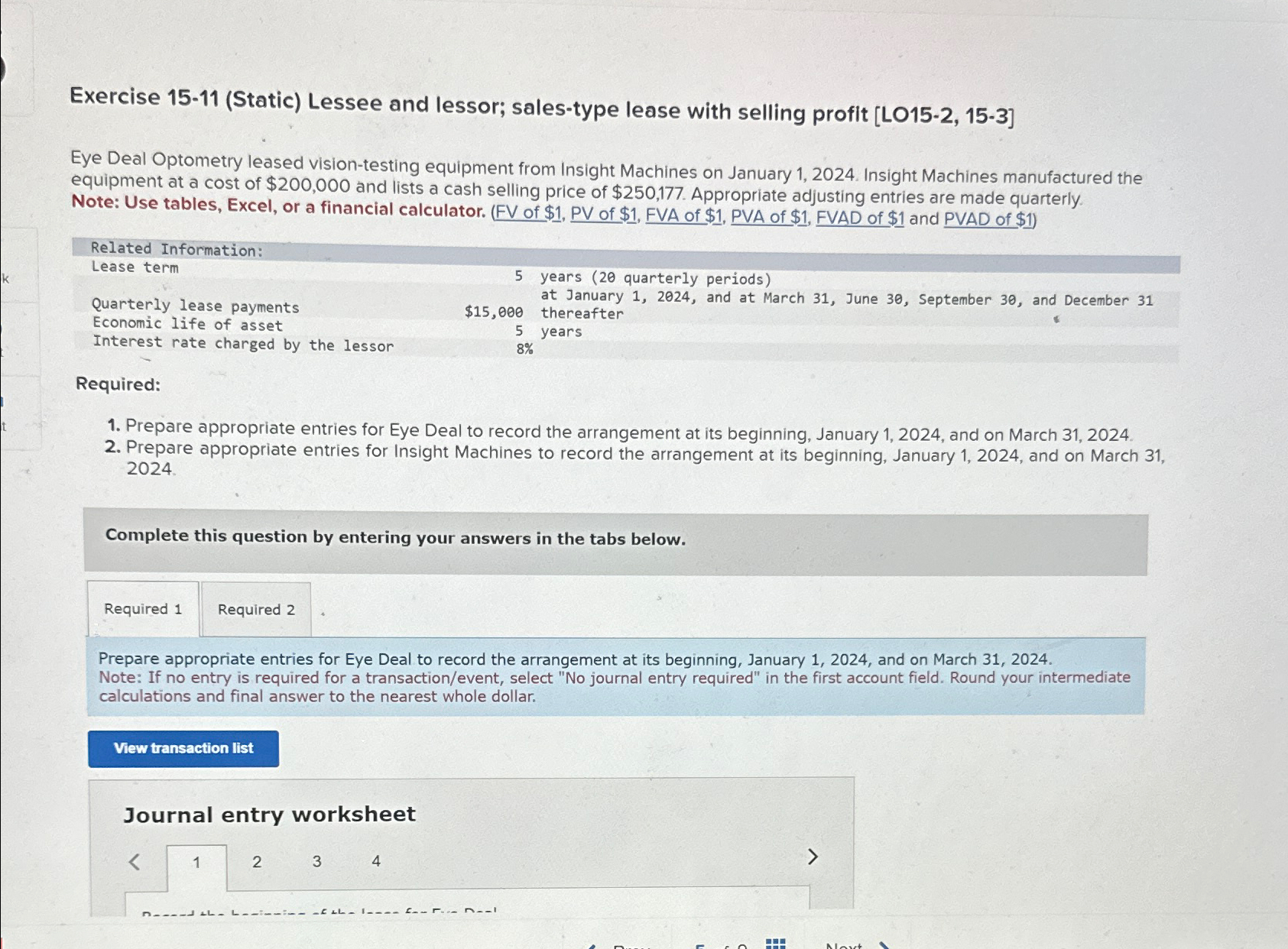 Solved Exercise 15-11 (Static) ﻿Lessee and lessor; | Chegg.com