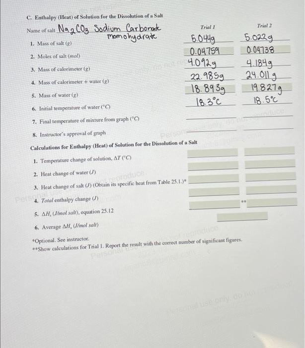 Solved C. Enthalpy (Heat) of Solution for the Dissolution of | Chegg.com