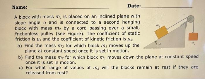 Solved Name: Date: A block with mass m1 is placed on an | Chegg.com