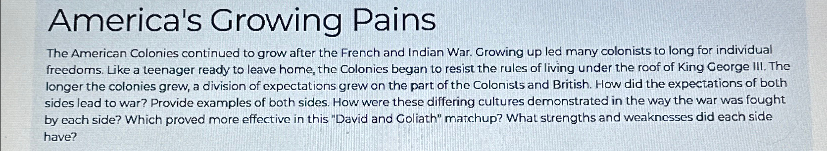 Solved America's Growing PainsThe American Colonies | Chegg.com