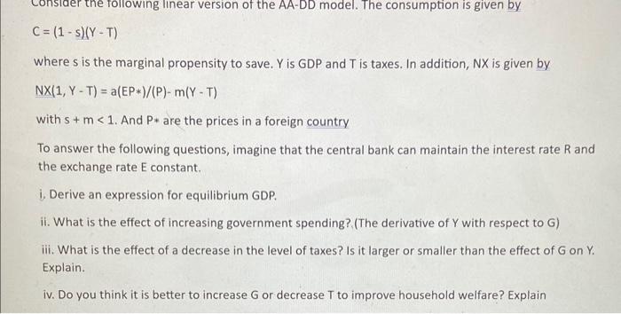Solved Consider the following linear version of the AA-DD | Chegg.com
