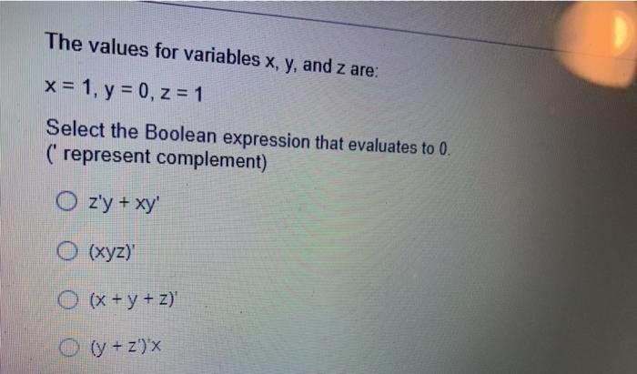 Solved The values for variables x, y, and z are: x= 1, y = | Chegg.com
