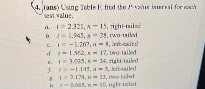 Solved 4. (ans) Using Table F, find the P-value interval for | Chegg.com