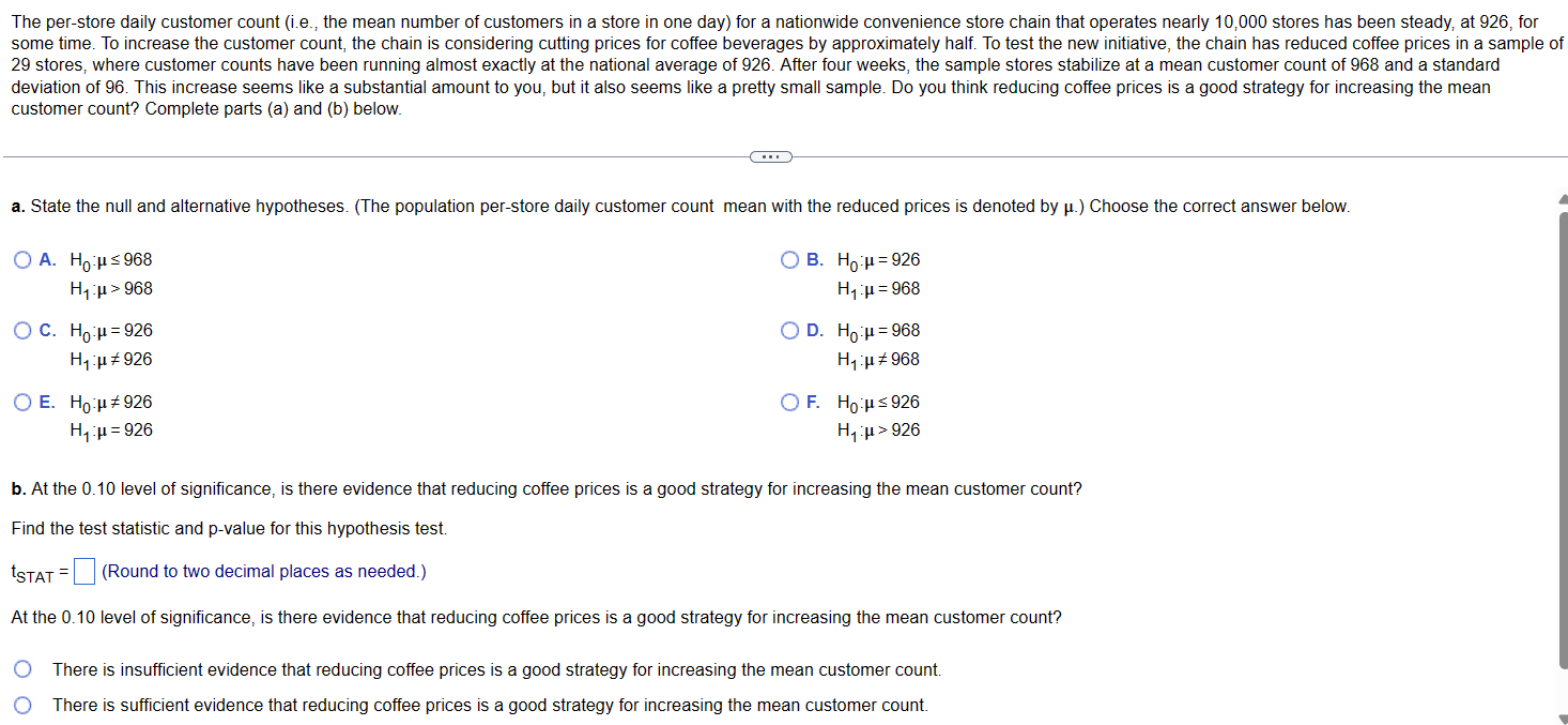 Solved The per-store daily customer count (i.e., ﻿the mean | Chegg.com