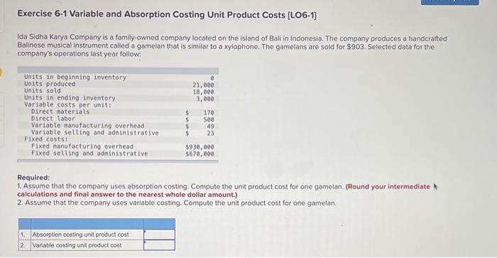 Solved Exercise 6-1 Variable and Absorption Costing Unit | Chegg.com