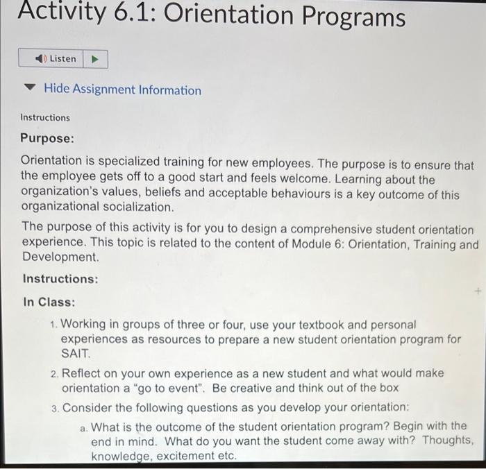 Activity 6.1: Orientation Programs Hide Assignment | Chegg.com