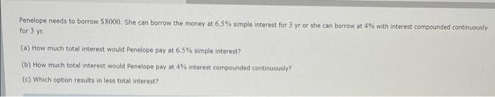 Solved Penelope needs to borrow $8000. She can borrow the | Chegg.com