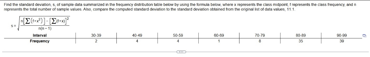 Solved Find the standard deviation, s, ﻿of sample data | Chegg.com