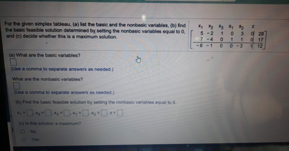 Solved Z For the given simplex tableau, (a) list the basic | Chegg.com