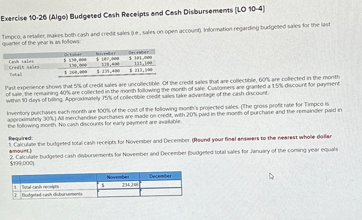 Solved Exercise 10-26 (Algo) ﻿Budgeted Cash Receipts and | Chegg.com