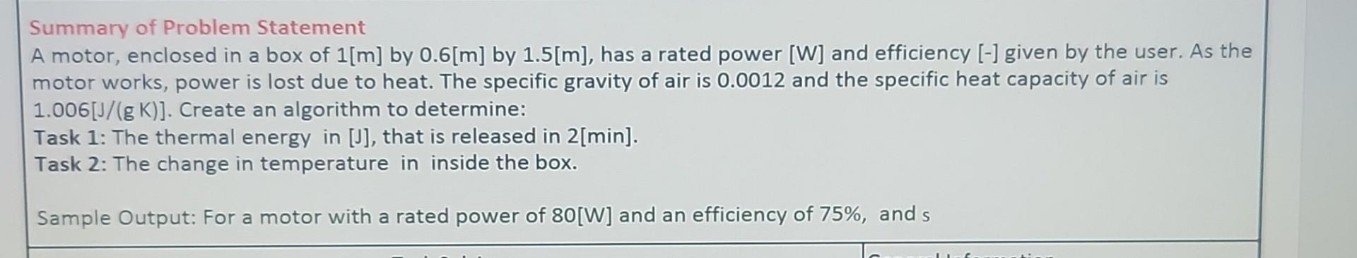 Solved Summary of Problem Statement A motor, enclosed in a | Chegg.com