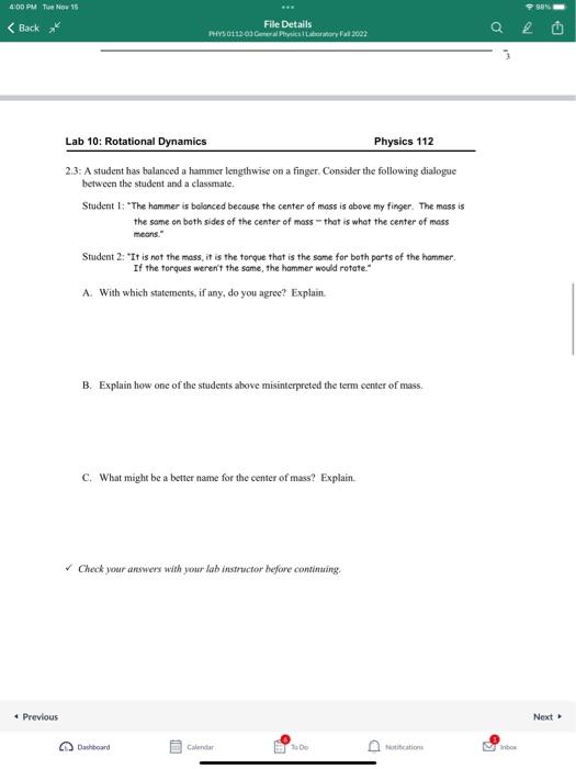 Solved 3: A student has balanced a hammer lengthwise on a | Chegg.com