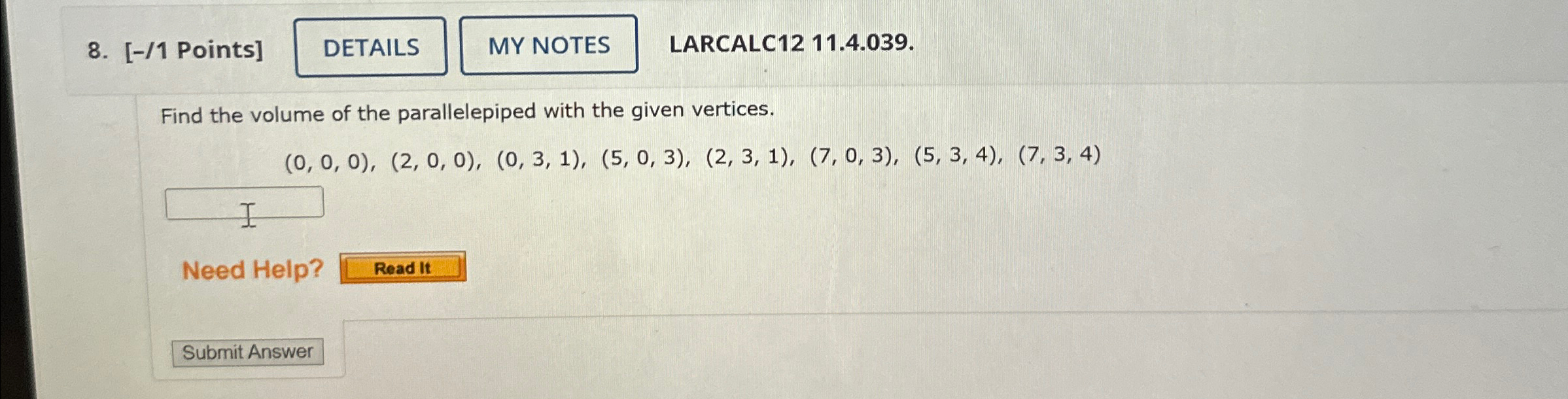 Solved [-/1 ﻿Points] ﻿LARCALC12 11.4.039.Find the volume | Chegg.com