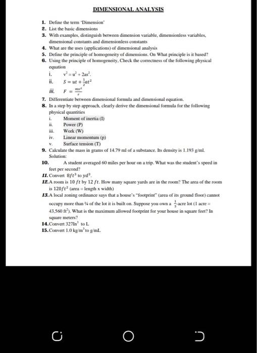 Solved DIMENSIONAL ANALYSIS i 1. Define the term "Dimension | Chegg.com