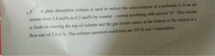 Solved A plate absorption column is used to reduce the | Chegg.com