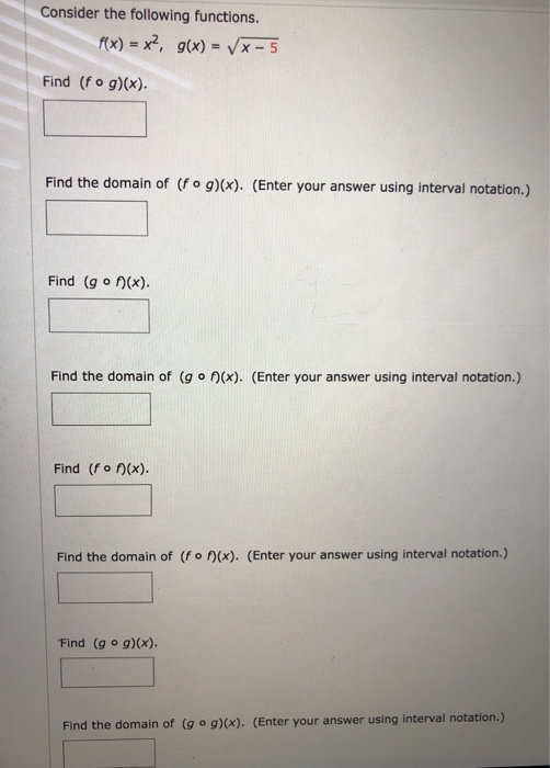 Solved Consider the following functions. 6 f(x g(x) = x + 5 | Chegg.com