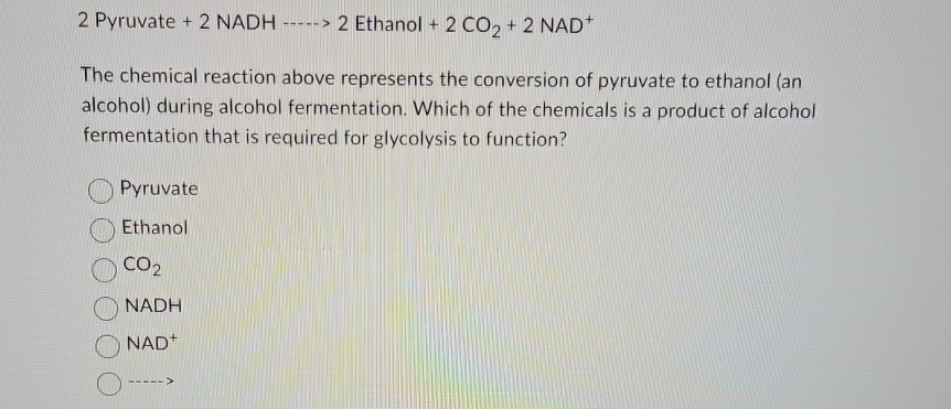 Solved 2 ﻿Pyruvate +2NADHcdots+2 ﻿Ethanol +2CO2+2NAD+The | Chegg.com