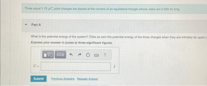 Solved Three equal 1.70μC point charges are placed at the | Chegg.com