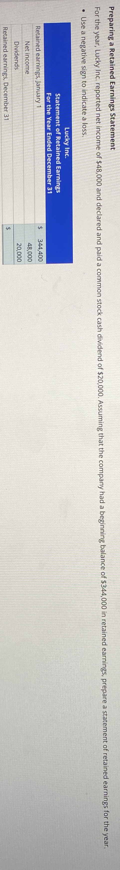 Solved Preparing a Retained Earnings StatementUse a negative | Chegg.com