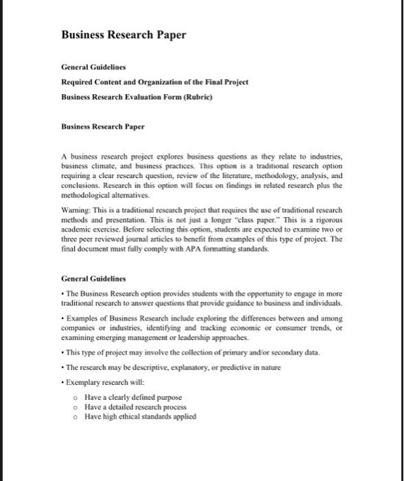 Business Research Paper A business research project | Chegg.com