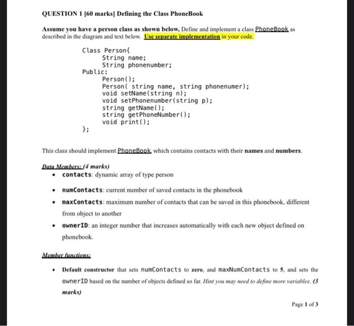Solved QUESTION 1 [60 marks| Defining the Class PhoneBook | Chegg.com