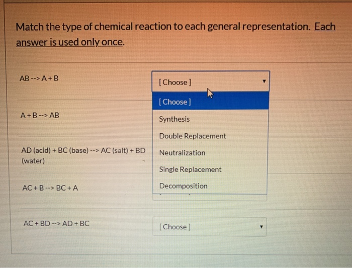 Solved Match the type of chemical reaction to each general | Chegg.com