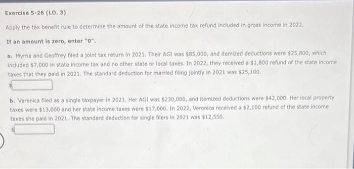 Solved Exercise 5-26 (LO. 3) Apply the tax benefit rule to | Chegg.com