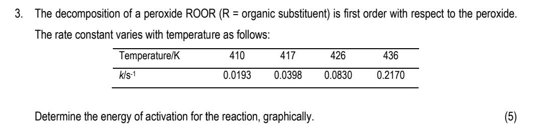 Solved 3. The decomposition of a peroxide ROOR (R = organic | Chegg.com