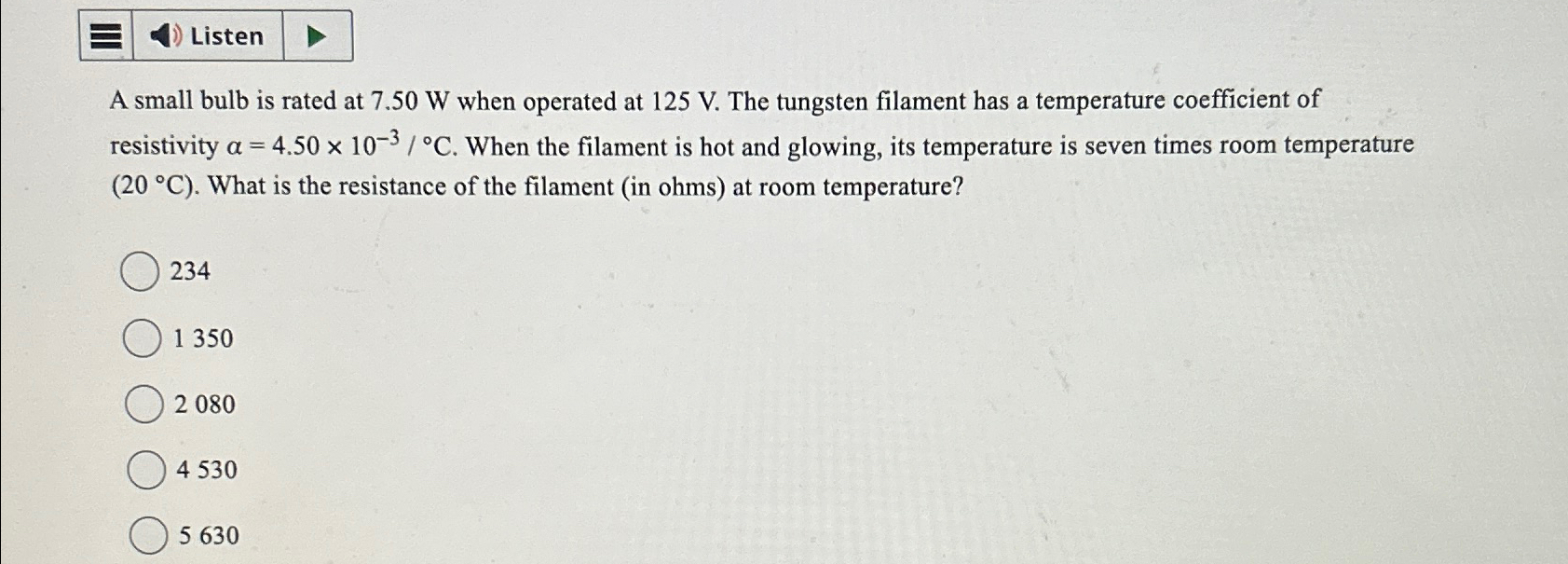Solved Listen\\nA small bulb is rated at 7.50W when operated | Chegg.com