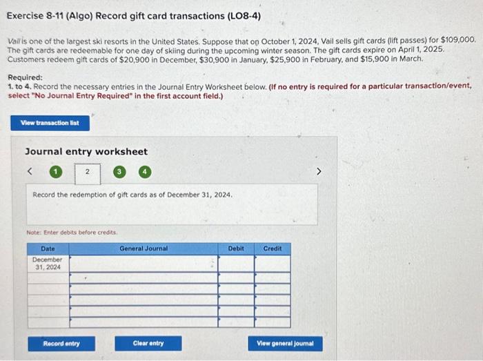 Solved Exercise 8-11 (Algo) Record gift card transactions | Chegg.com
