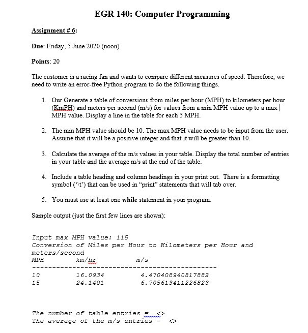 Solved Egr 140 Computer Programming Assignment 6 Due 4134