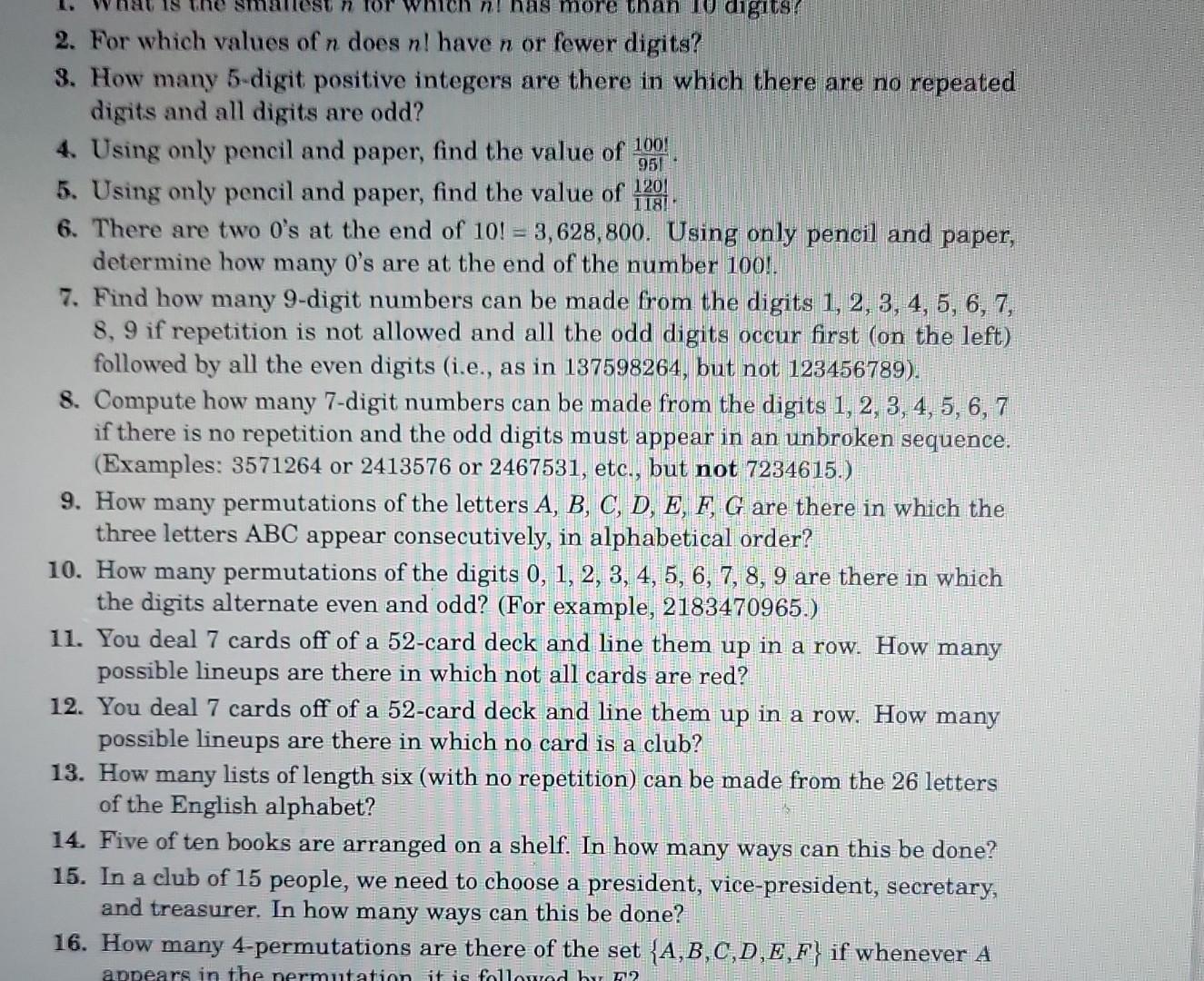 Solved 2. For which values of n does n ! have n or fewer | Chegg.com