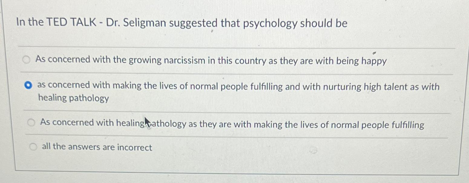 In the TED TALK - ﻿Dr. ﻿Seligman suggested that | Chegg.com