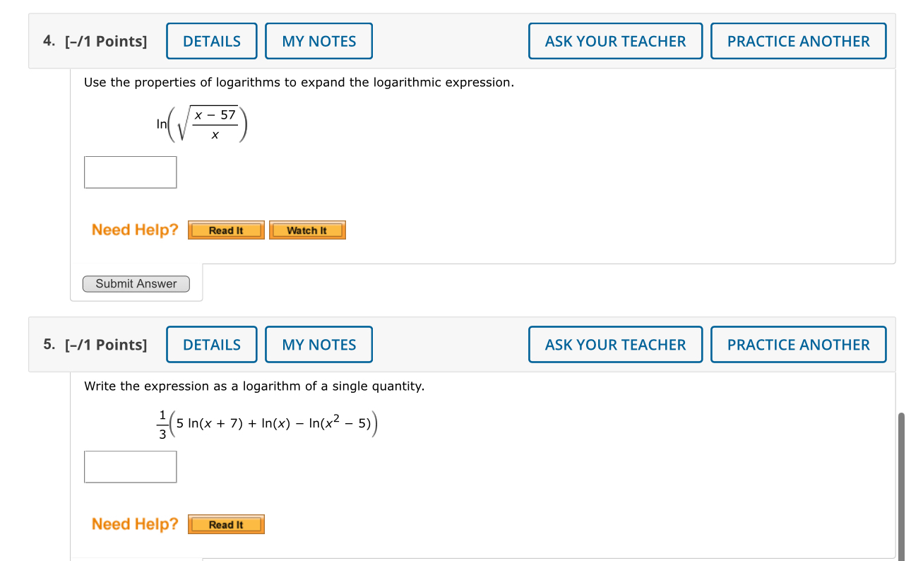 Solved [-/1 ﻿Points]Use the properties of logarithms to | Chegg.com