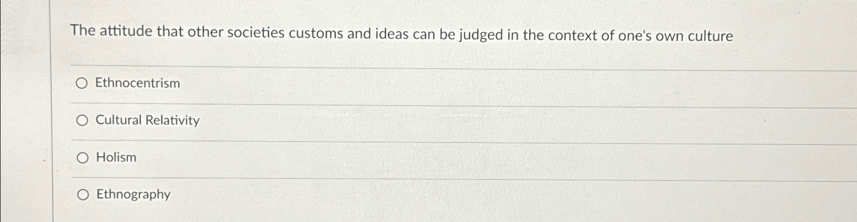 Solved The attitude that other societies customs and ideas | Chegg.com