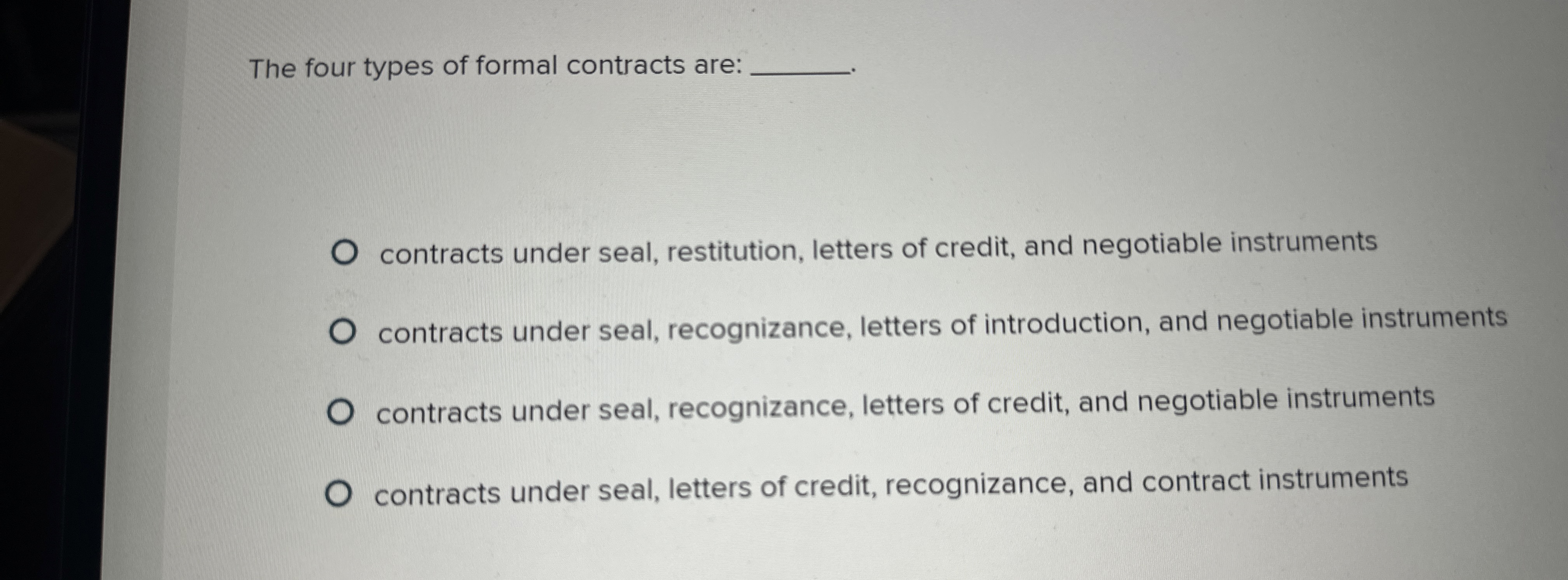 Solved The four types of formal contracts are: contracts | Chegg.com