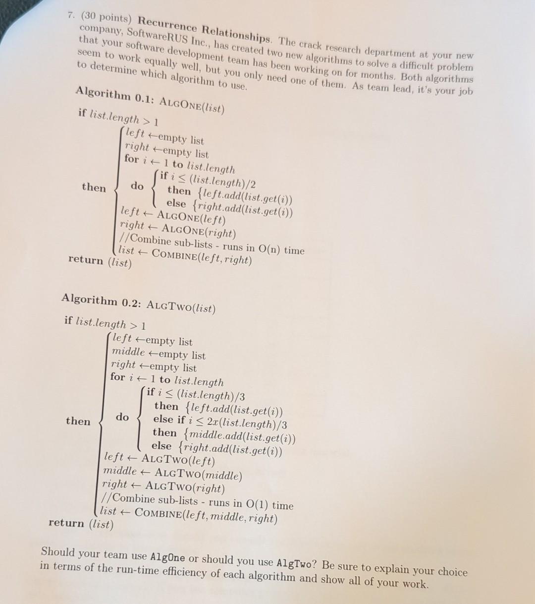 Solved 7. (30 points) Recurrence Relationships. The crack | Chegg.com