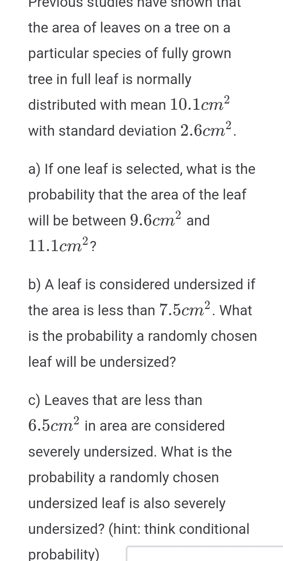 Solved the area of leaves on a tree on a particular species | Chegg.com