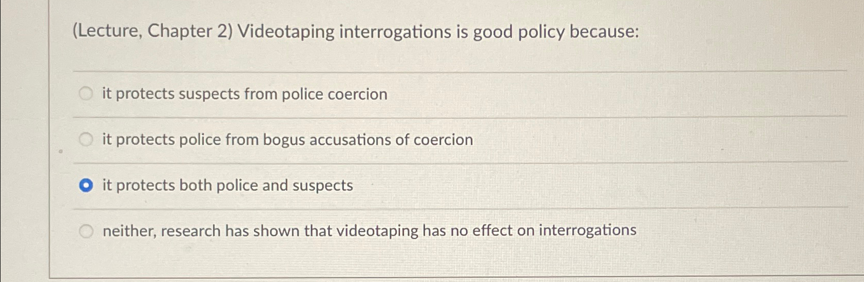 Solved (Lecture, ﻿Chapter 2) ﻿Videotaping interrogations is | Chegg.com