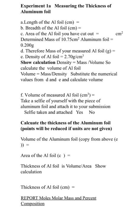 Experiment la: Determine the thickness of a piece of | Chegg.com