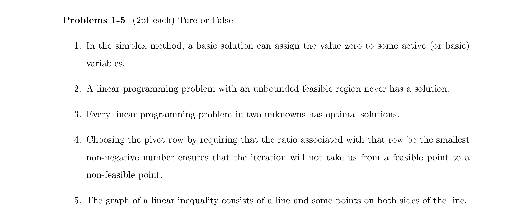 Solved Problems 1-5 (2pt each) ﻿Ture or FalseIn the simplex | Chegg.com