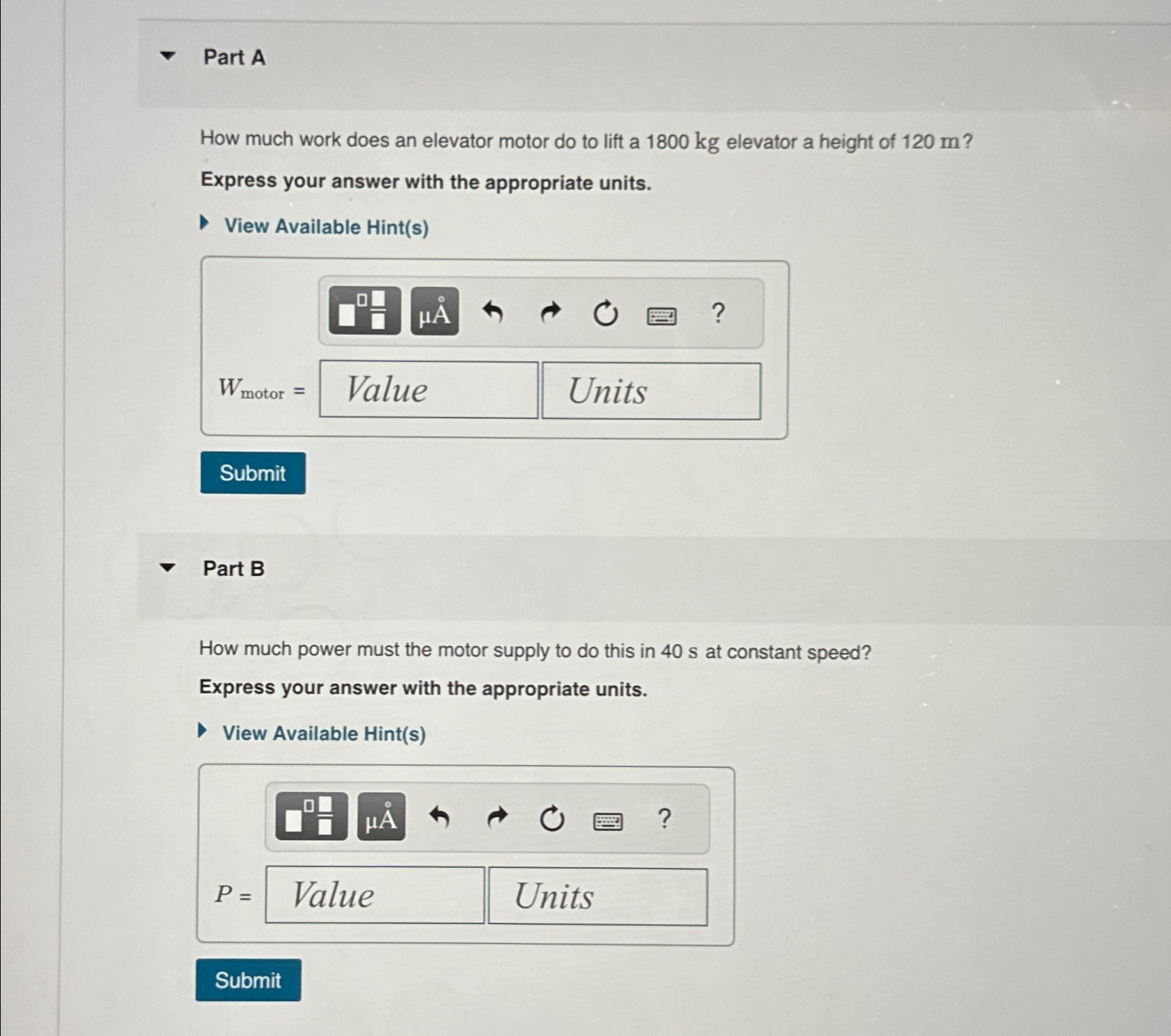 Solved Part AHow much work does an elevator motor do to lift | Chegg.com