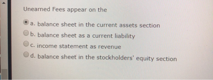 Solved Unearned Fees appear on the a. balance sheet in the | Chegg.com