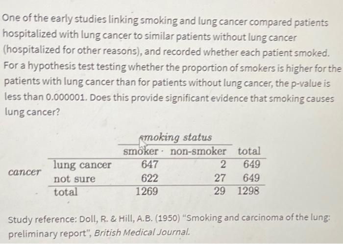 Solved One of the early studies linking smoking and lung | Chegg.com
