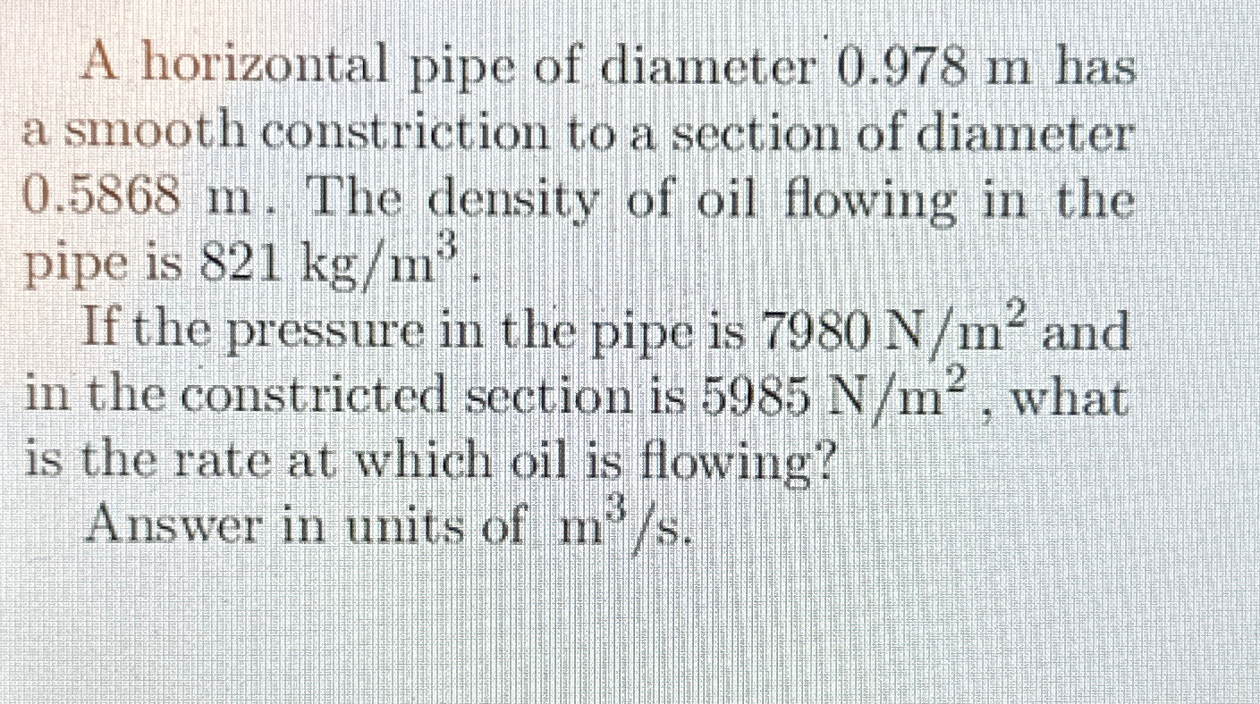 Solved A horizontal pipe of diameter 0.978m ﻿has a smooth | Chegg.com