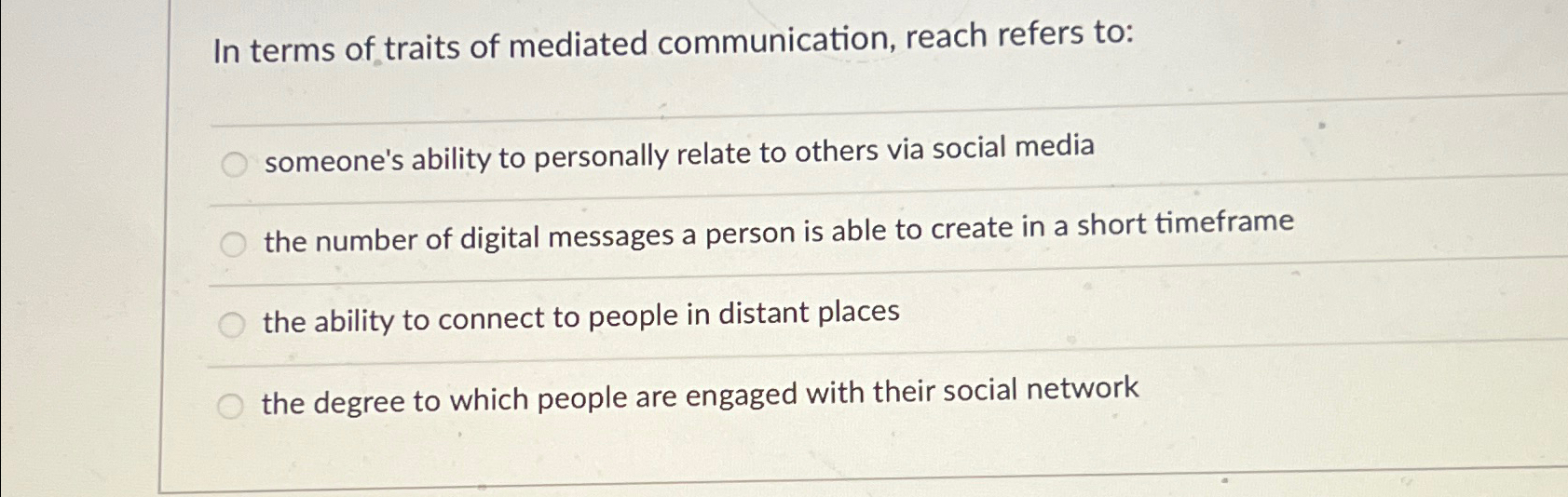 Solved In terms of traits of mediated communication, reach | Chegg.com